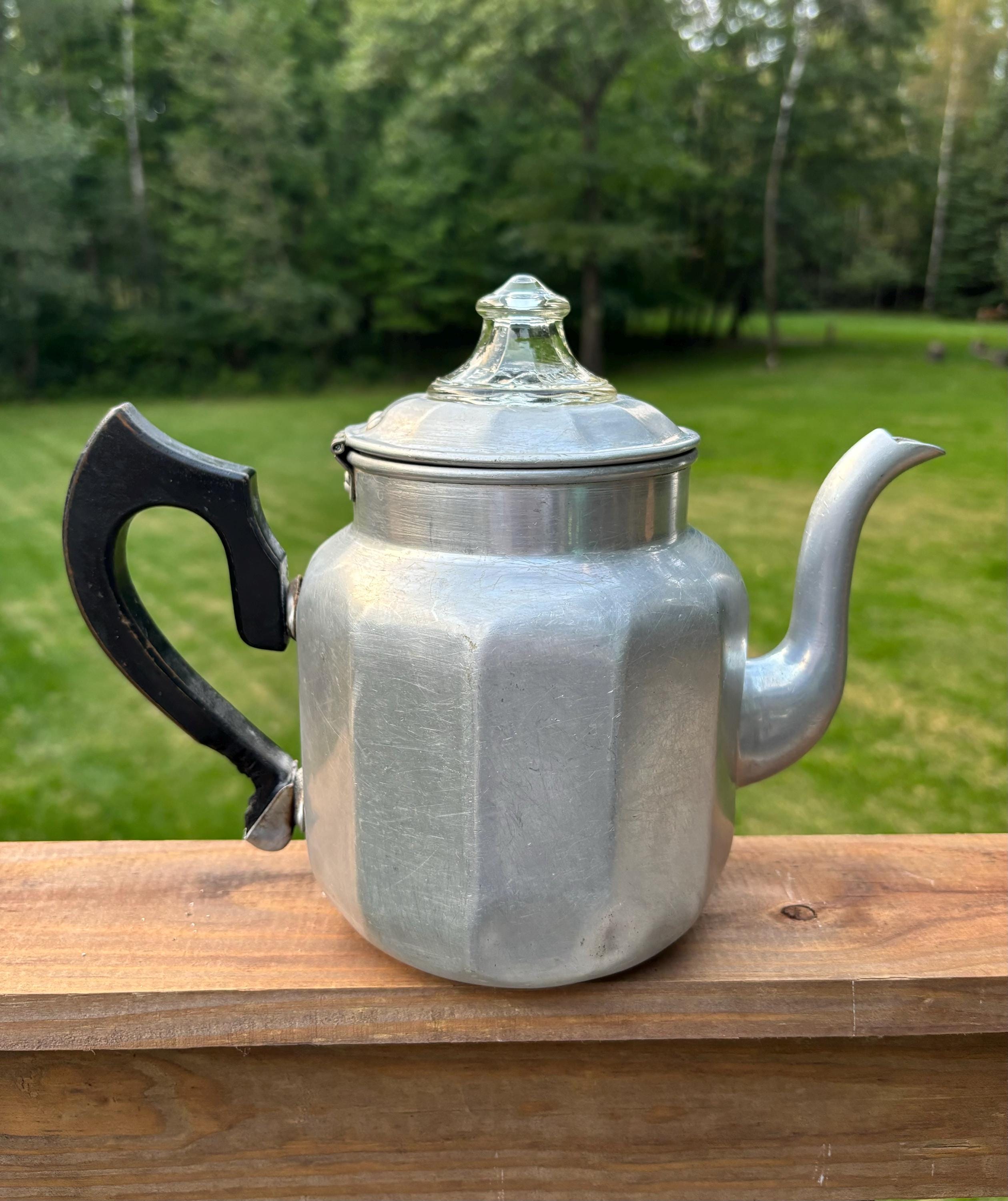 Vintage Mirro Pyrex Aluminum Coffee Pot Tea Pot Wood Handle Kitchen ...