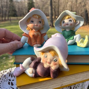 Vintage Homco 5213 Set of 3 Pixie Elf Fairies Porcelain Figurines Shelf ...