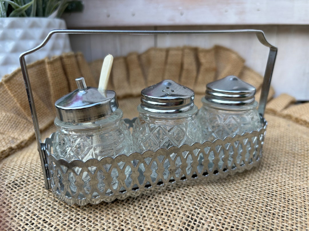 Vintage Condiment Set Cruet Metal Wire Caddy Holder 3 Mini Pressed ...
