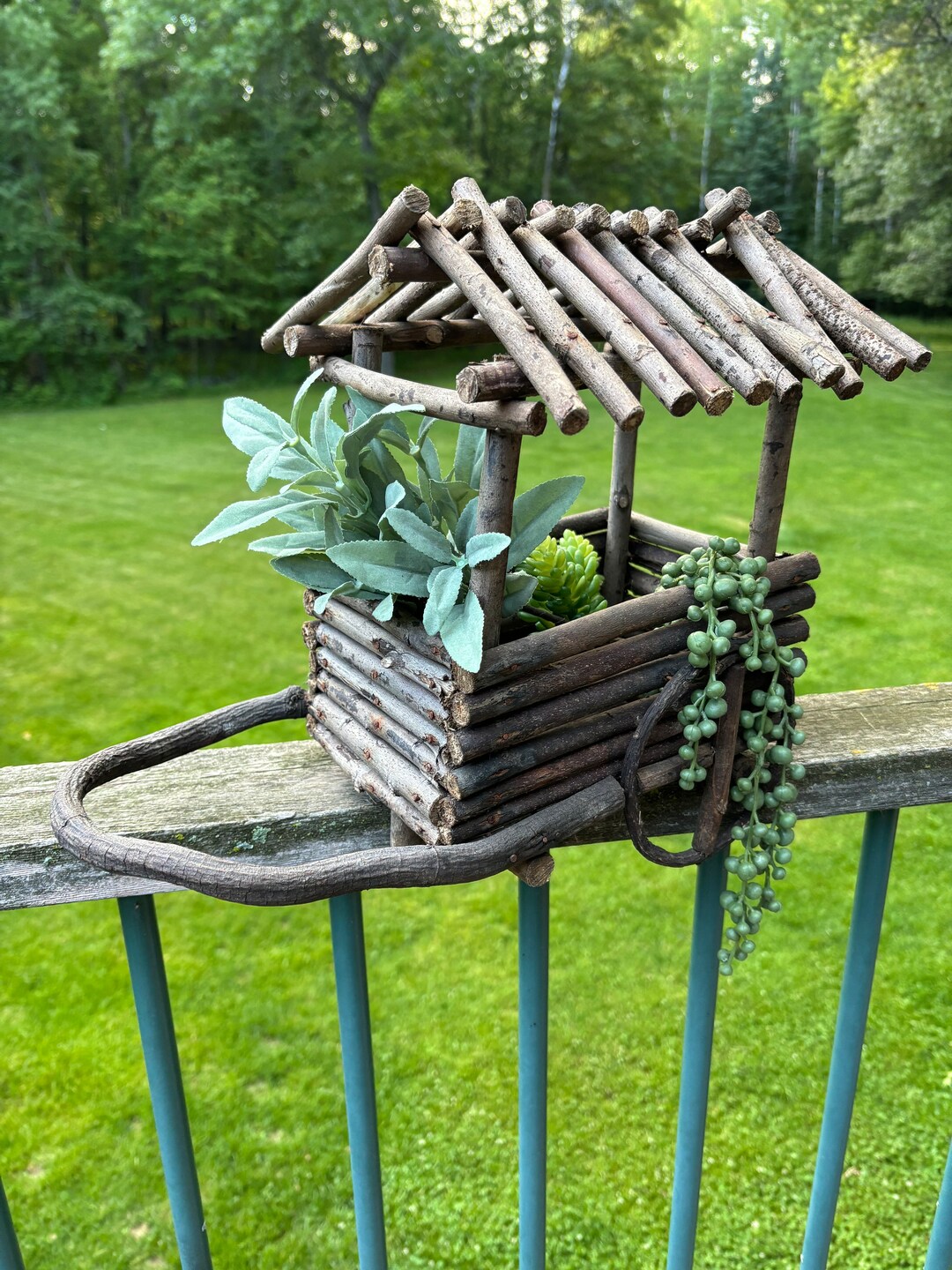 Vintage Natural Handmade Wood Stick Cart Planter Decorative Covered ...