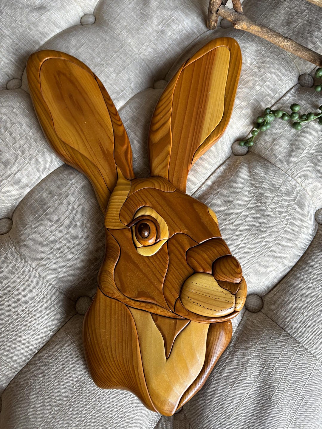 Vintage Intarsia Wood Inlay Jack Rabbit Bunny Easter Spring Carved Art ...