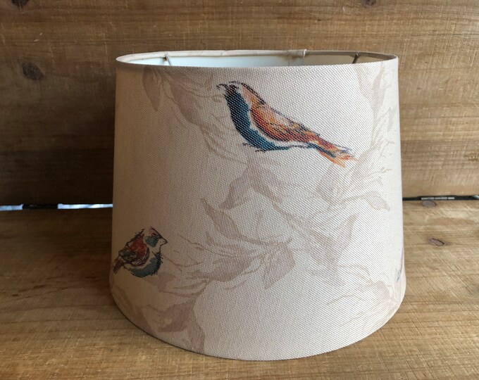 Vintage Dome Lamp Shade Bird Design Tan Teal Orange Fabric Linen ...