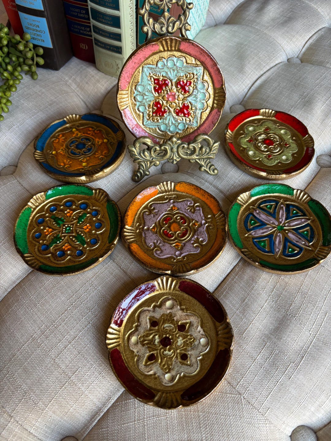 Vintage Set of 7 Italian Florentine Gilded Gold Colorful Coasters ...