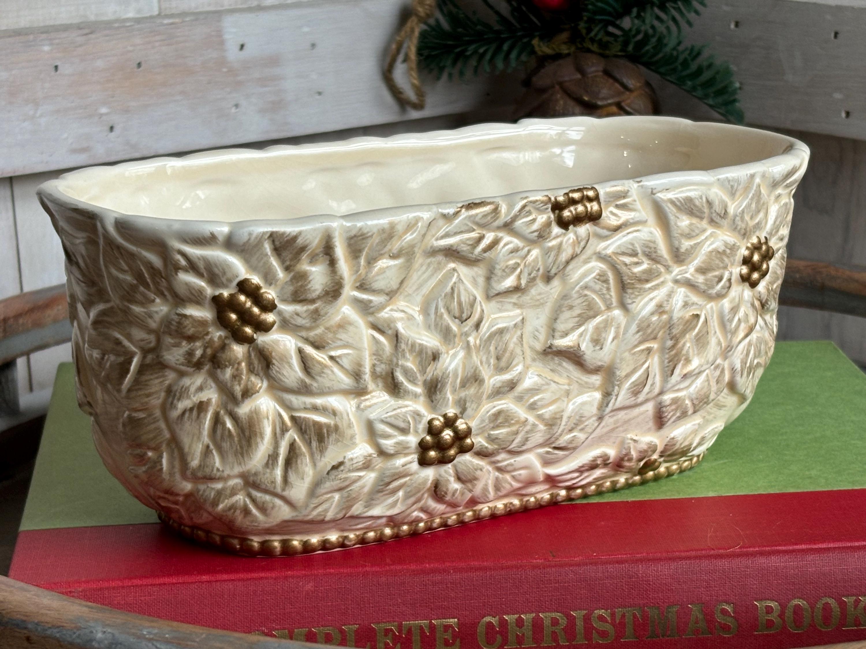 Vintage FTD Ceramic Embossed Brushed Gold Poinsettia Holiday Planter - Etsy