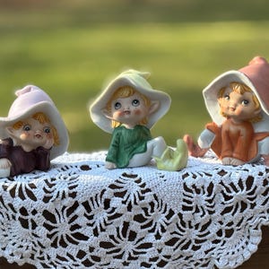 Vintage Homco 5213 Set of 3 Pixie Elf Fairies Porcelain Figurines Shelf ...