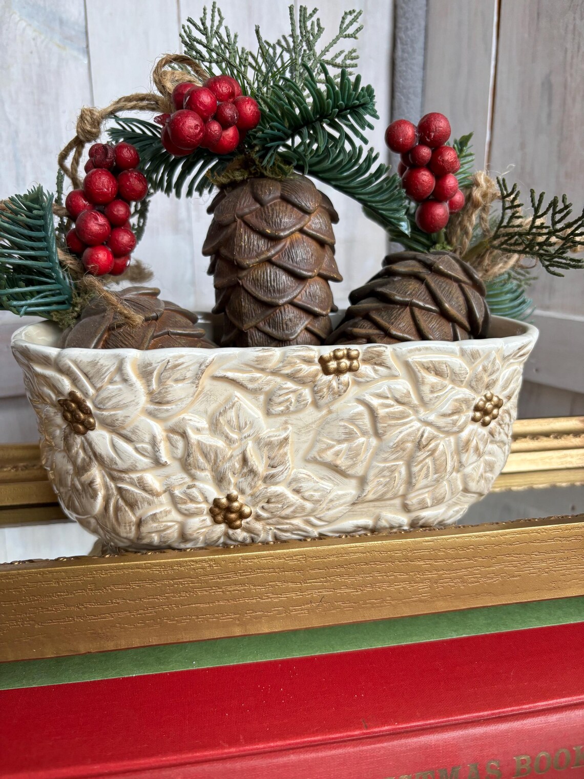 Vintage FTD Ceramic Embossed Brushed Gold Poinsettia Holiday Planter - Etsy