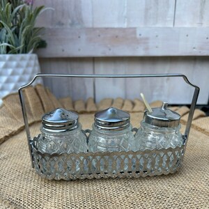 Vintage Condiment Set Cruet Metal Wire Caddy Holder 3 Mini Pressed ...