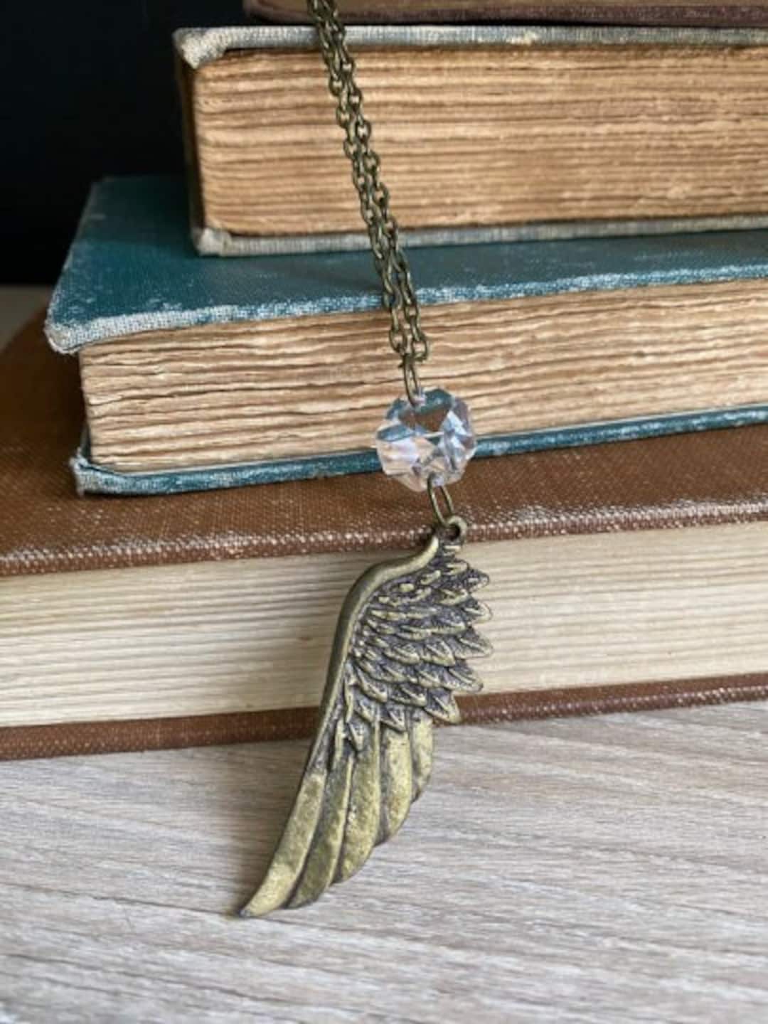 Crystal Salvage Necklace - Gold Angel Wing, Recycled Chandelier Crystal ...