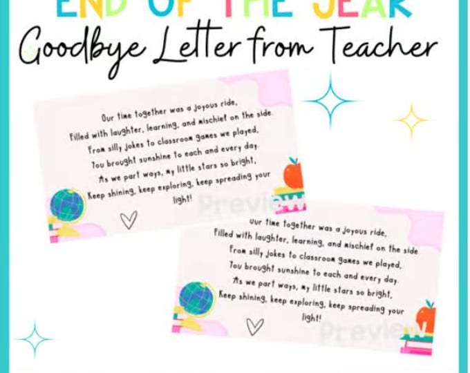 End of the Year Student Goodbye Letter Poem | Printable Teacher Handout ...