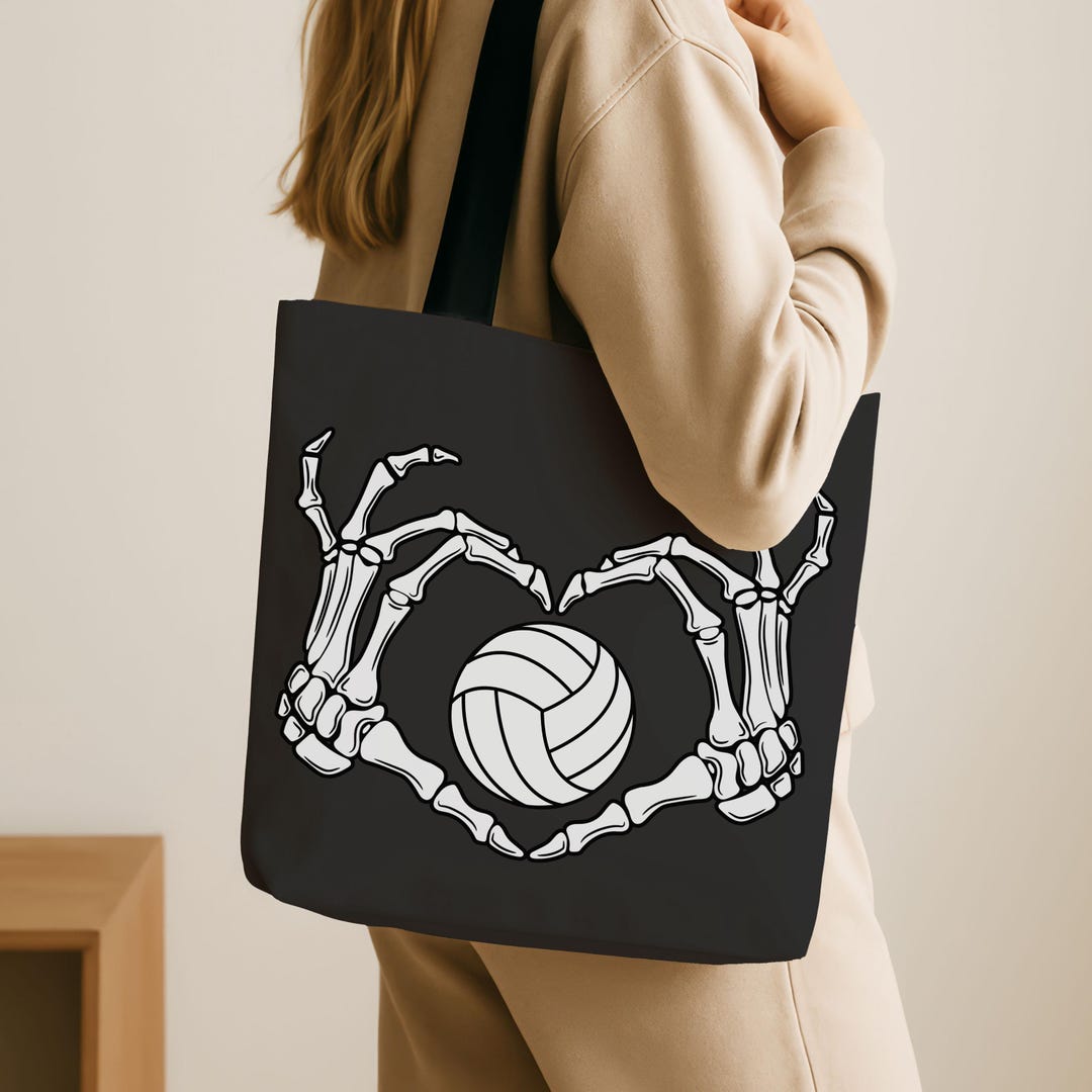 I Love Volleyball Halloween Tote Bag, Skeleton Hands Heart Trick or ...