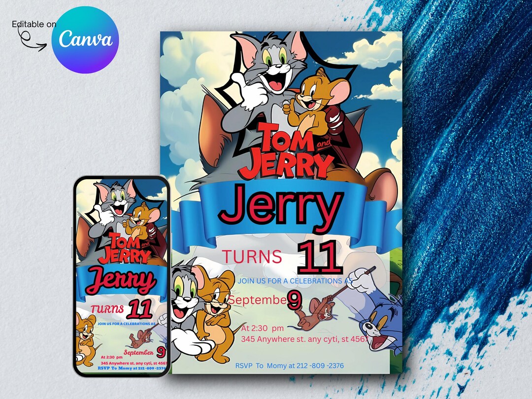 Tom and Jerry Inspired Birthday Invitation Editable Canva Template ...