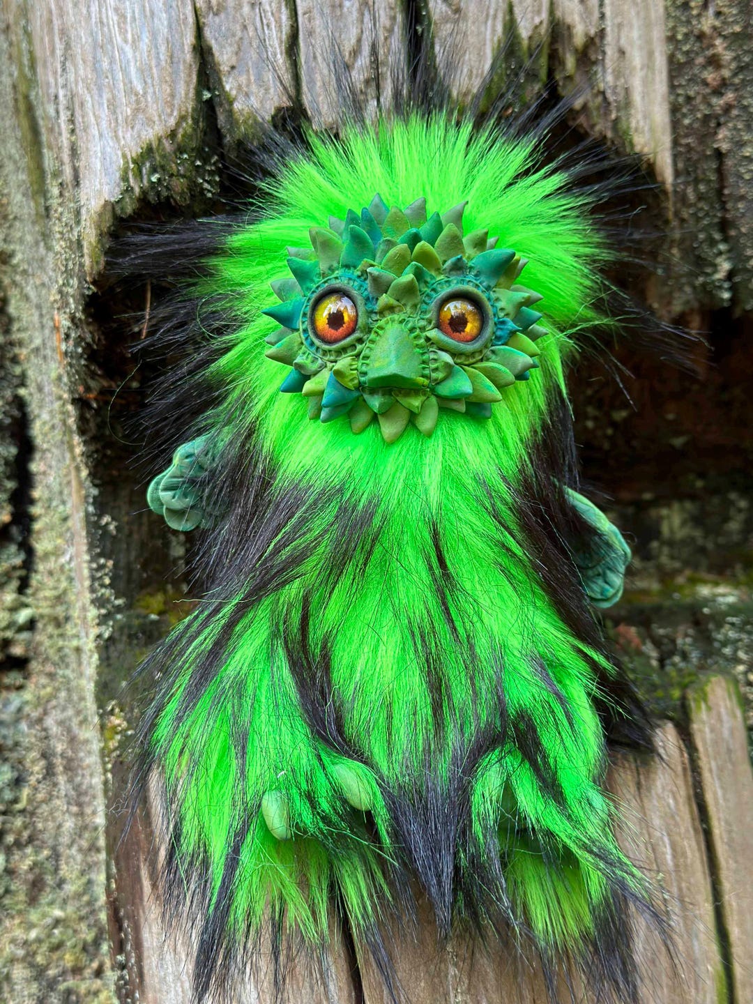 Polymer Clay and Faux Fur Green Forest Owl, Art Toy, Handmade Toy ...