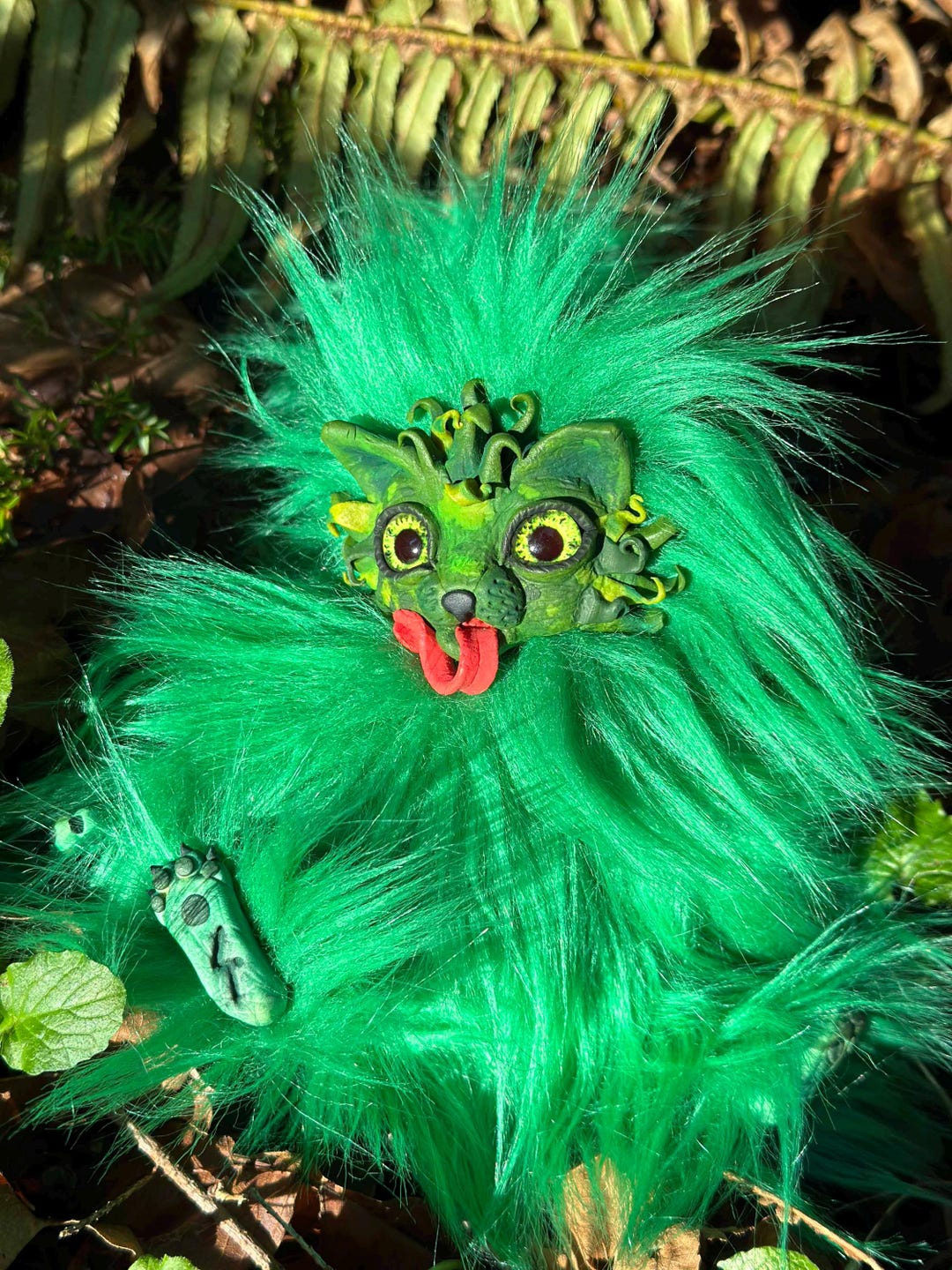 Polymer Clay and Faux Fur Green Forest Cat, Art Toy, Handmade Toy ...
