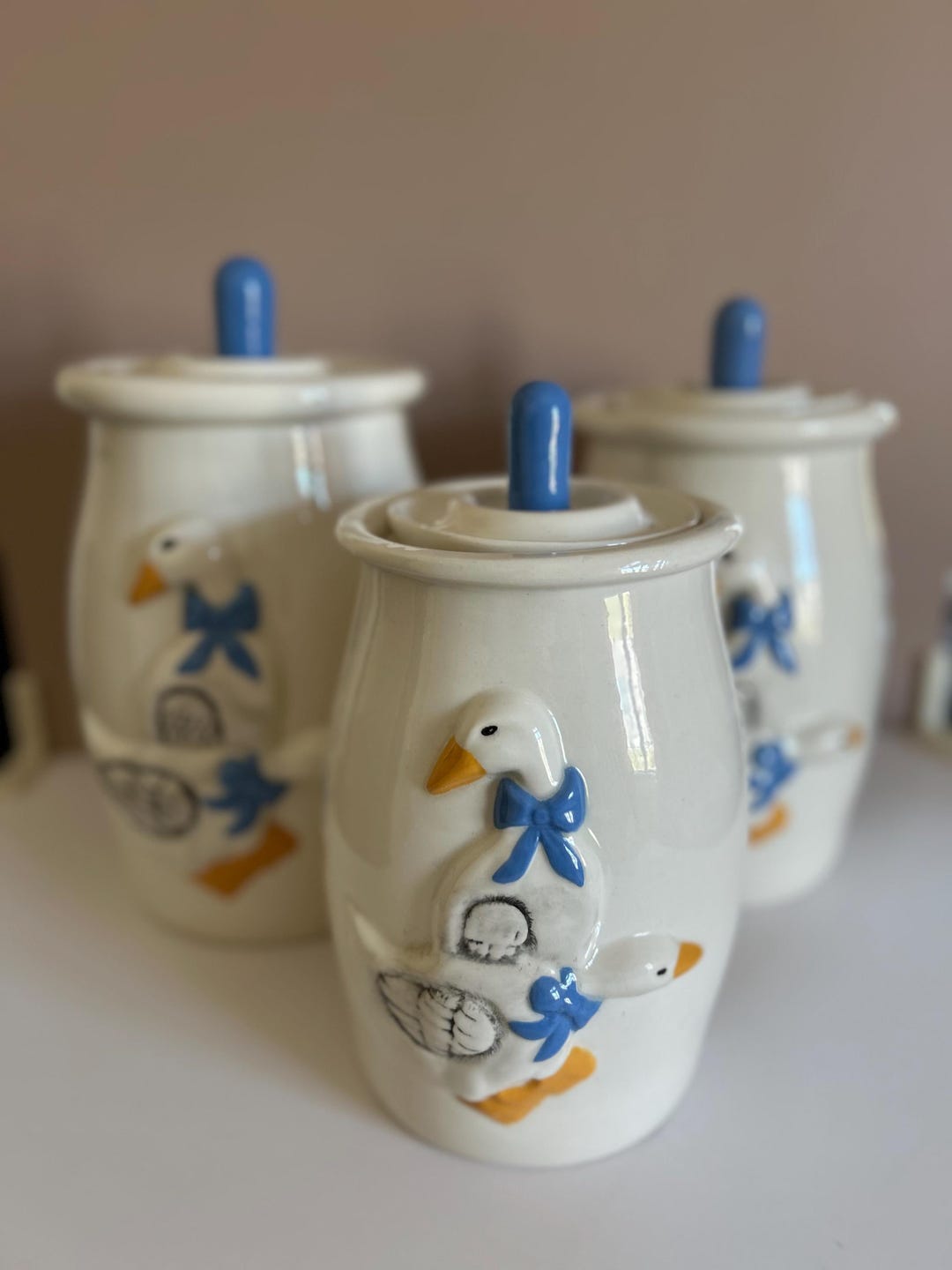 Vintage Goose Canister Set With Blue Bows – Cottagecore Ceramic Kitchen ...
