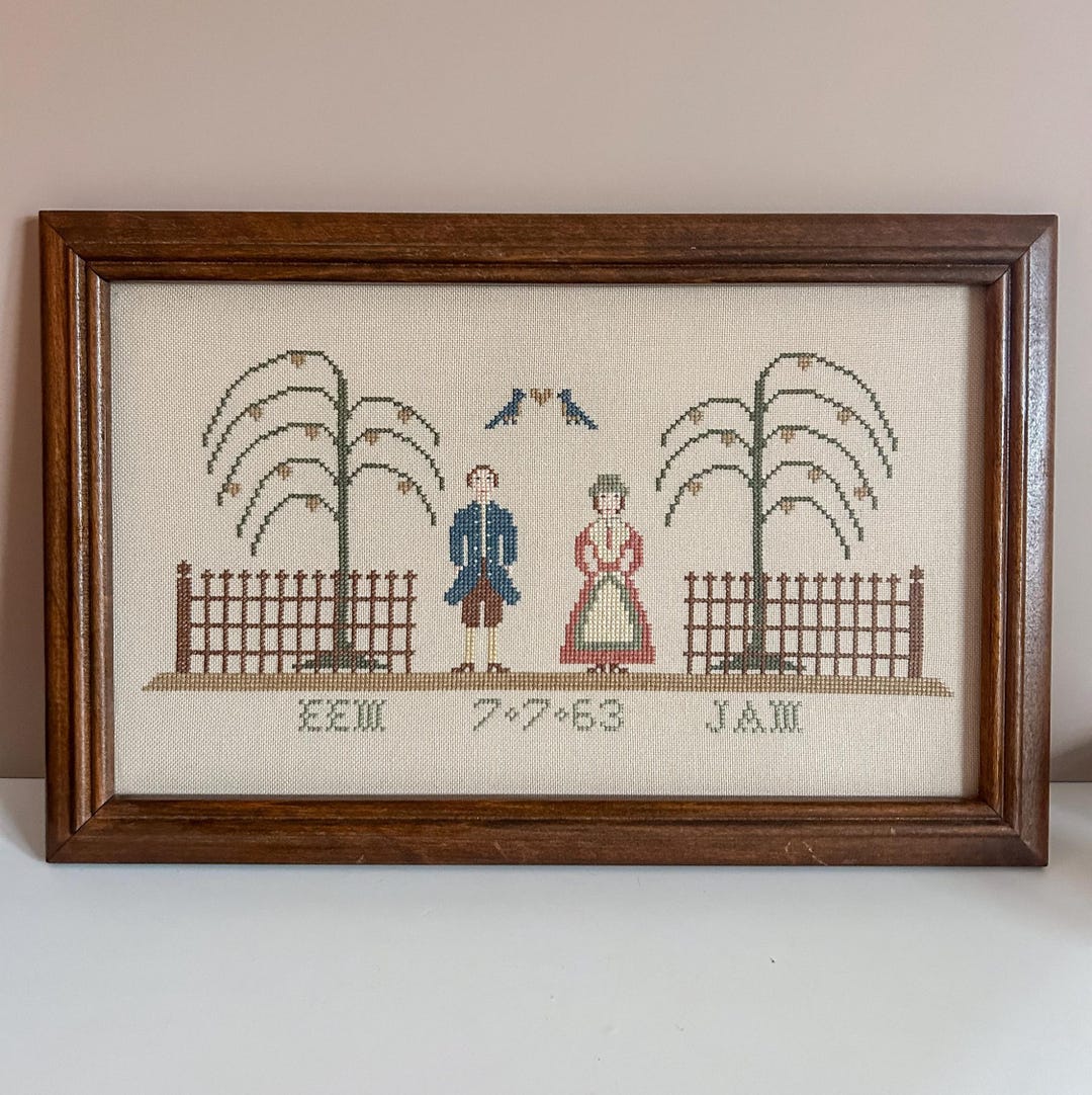 Vintage Framed Cross Stitch Sampler: 1963 Folk Art Couple - Etsy
