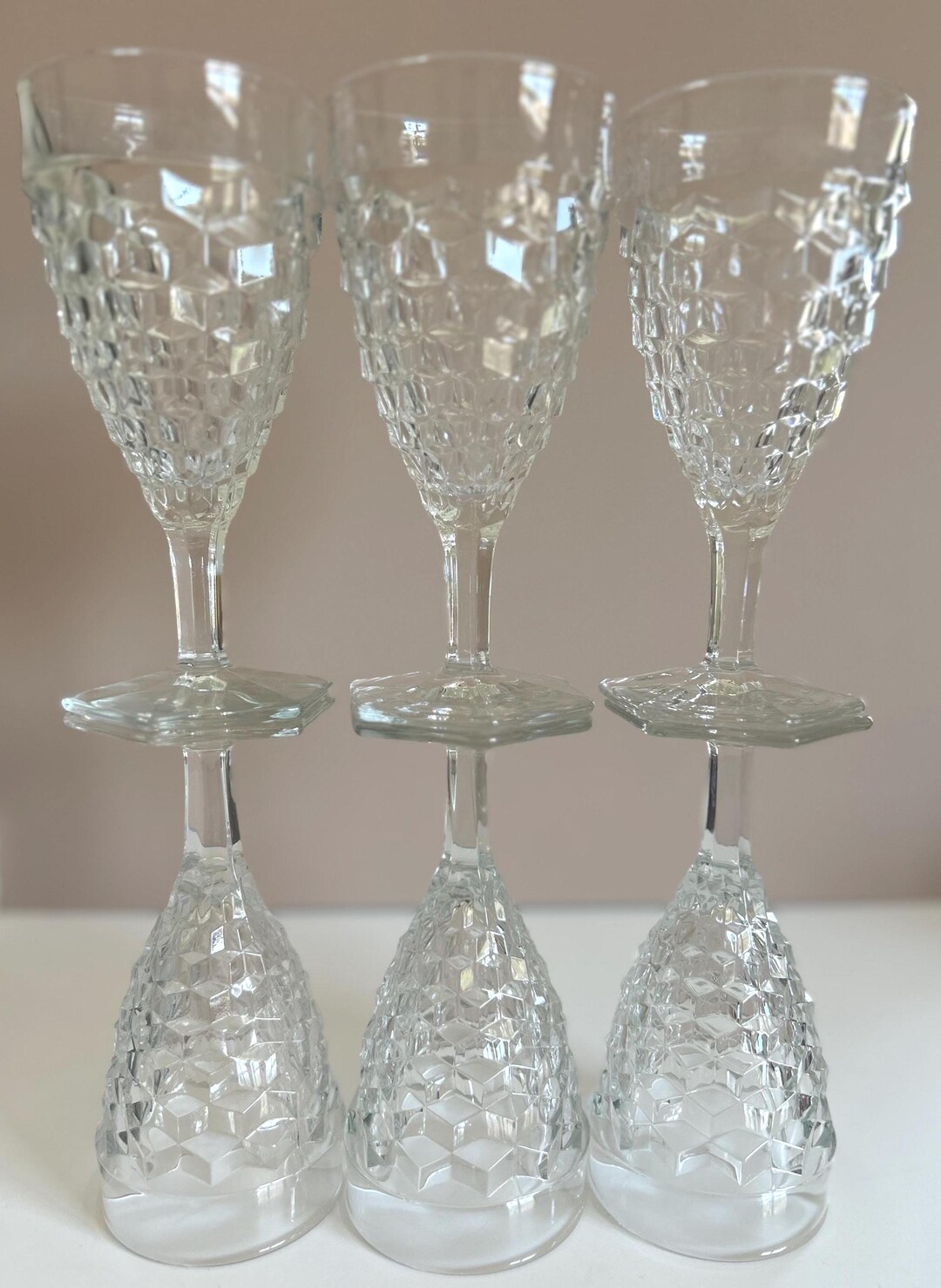 Vintage Diamond Point Glass Goblets - Set of 6 Depression-era Barware ...