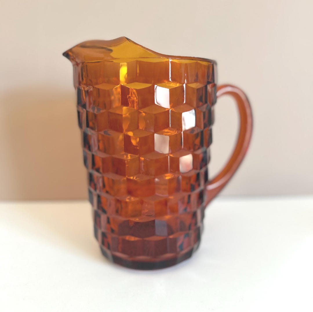 Vintage Indiana Glass Amber Whitehall Pitcher 64 Oz Cube Pattern Mid ...