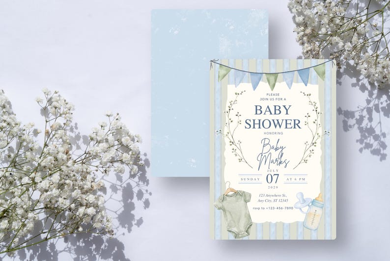 Baby Shower Invitation Boy Template Blue Watercolor Baby Bunting Invite ...