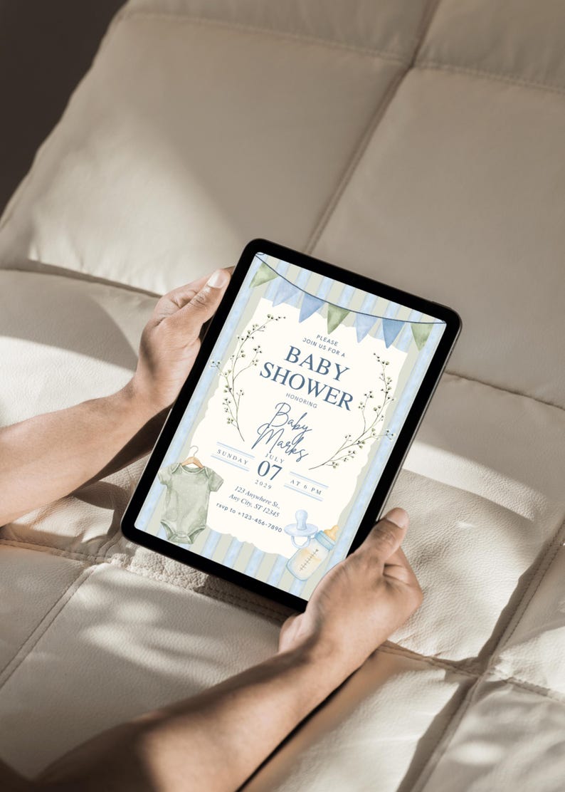 Baby Shower Invitation Boy Template Blue Watercolor Baby Bunting Invite ...