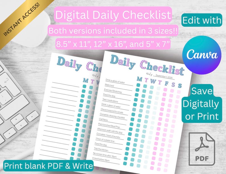 Editable Checklist Daily To-do List Task Daily Habit Chart Tracker ...