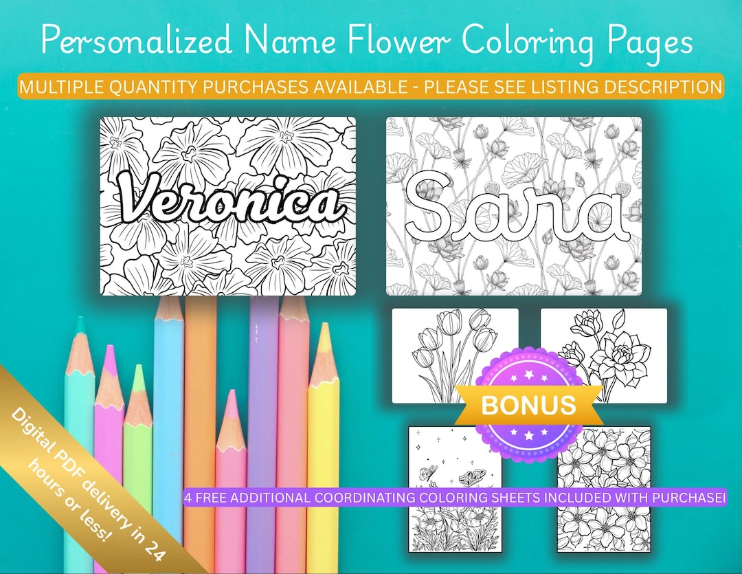 Custom Name Kids Floral Coloring Pages Birthday Favor Printable - Etsy
