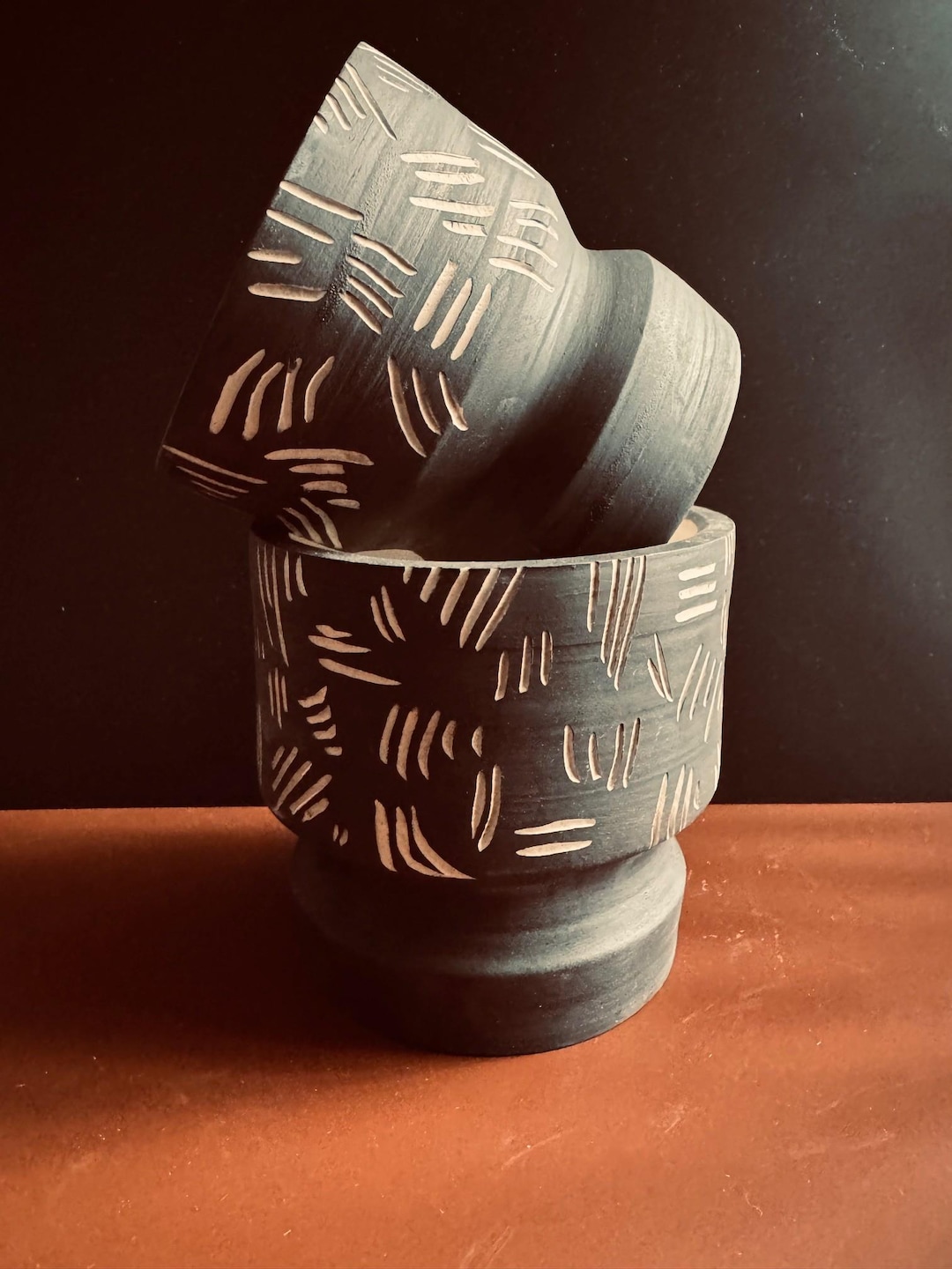 Handmade Sgraffito Ceramic Planter or Vase | Black Underglaze Raw Clay ...