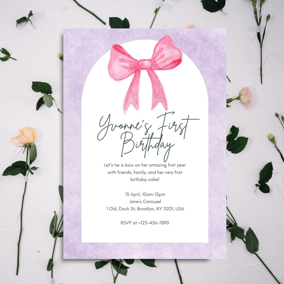 Editable Purple Ribbon Birthday Invite | Lavender Ribbon Party Theme ...