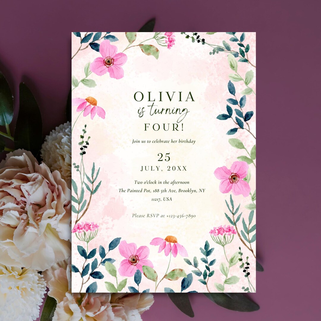 Editable Pink & Green Floral Birthday Invite | Floral Party Theme | Kid ...