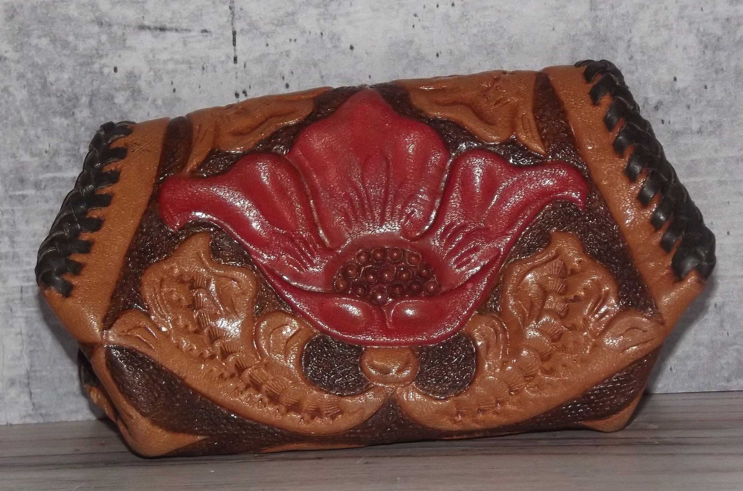 Western Hand-tooled Leather Tan Red Floral Coin Purse E61424 B3 - Etsy