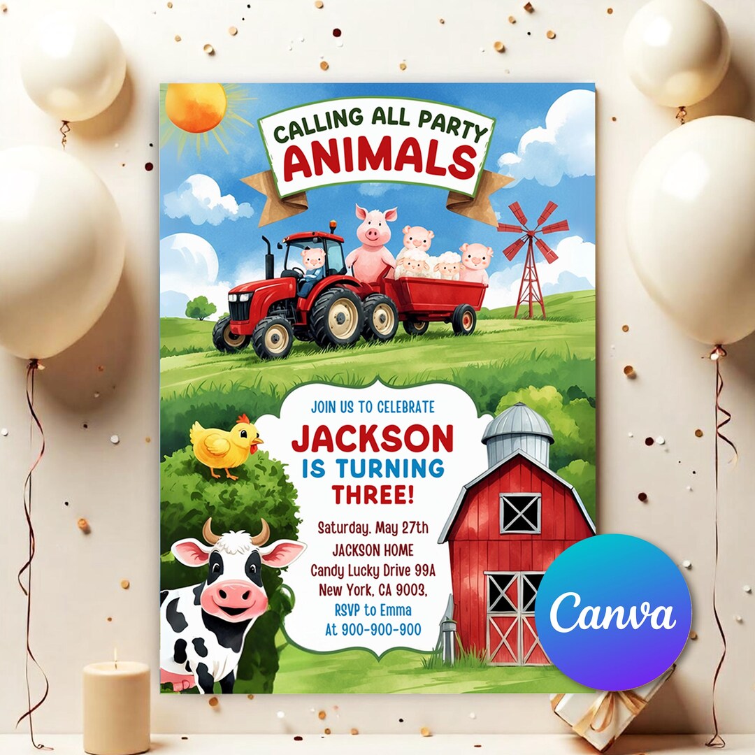 Farm Birthday Invitation, Farm Animals Party Invites, Barnyard Animals ...