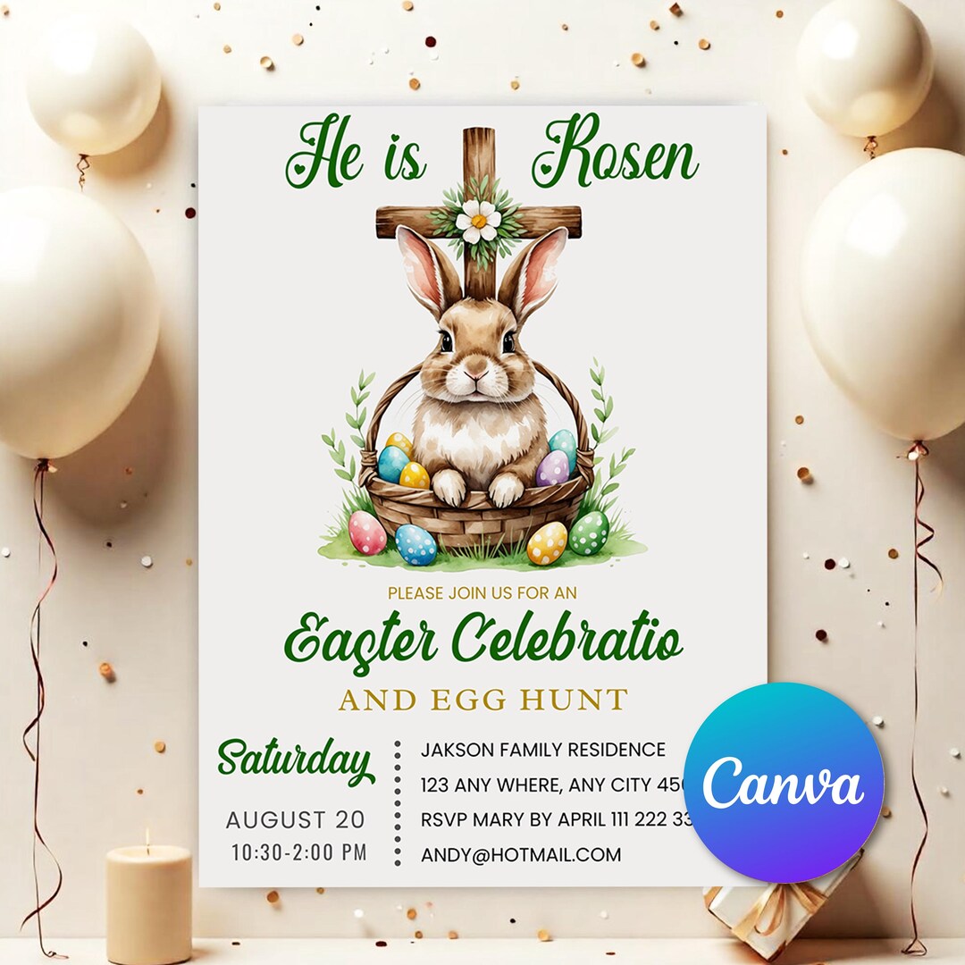 Easter Invitation He is Risen, Religious Easter Invitation Bunny ...