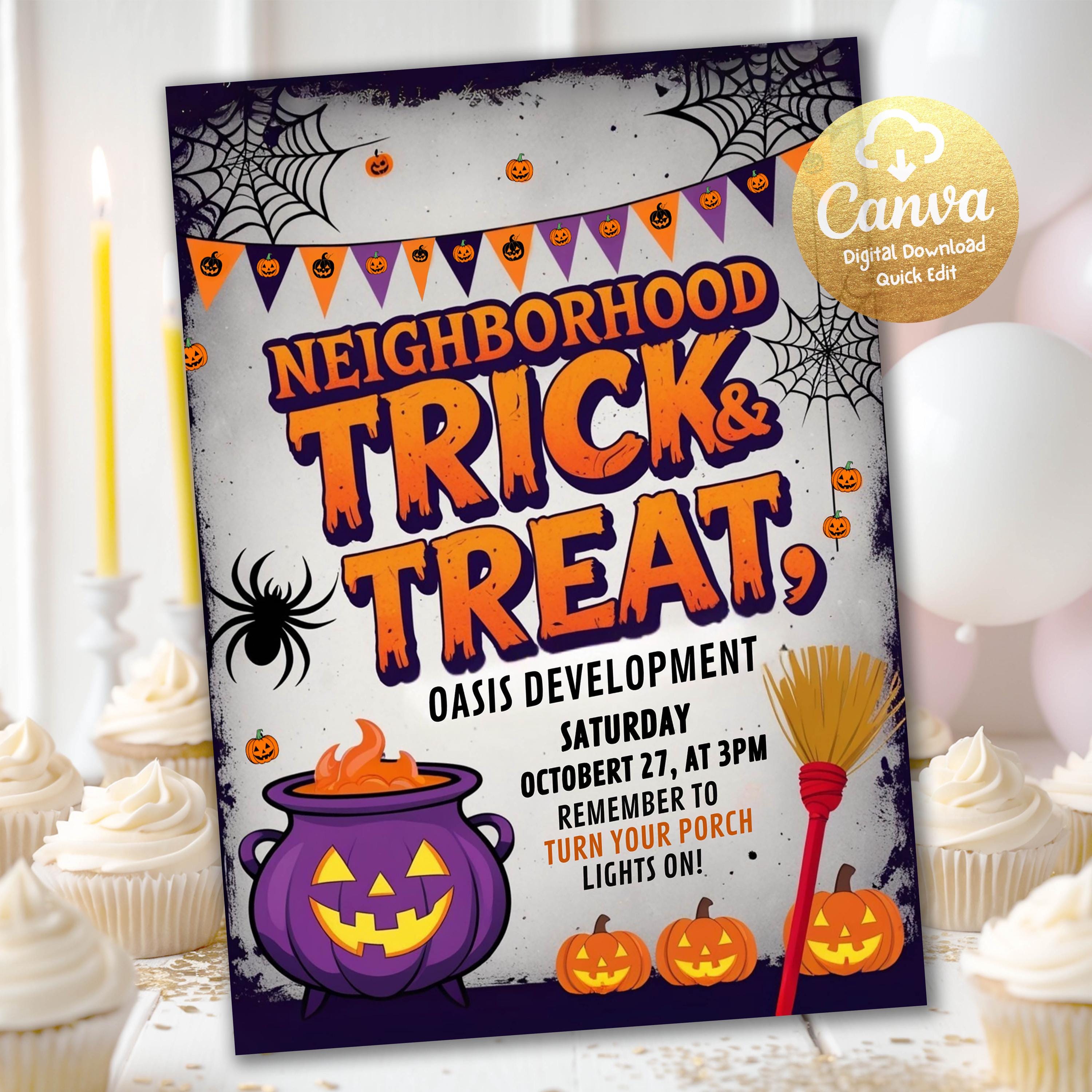 Halloween Trick or Treat Neighborhood Flyer Invitation, Editable ...