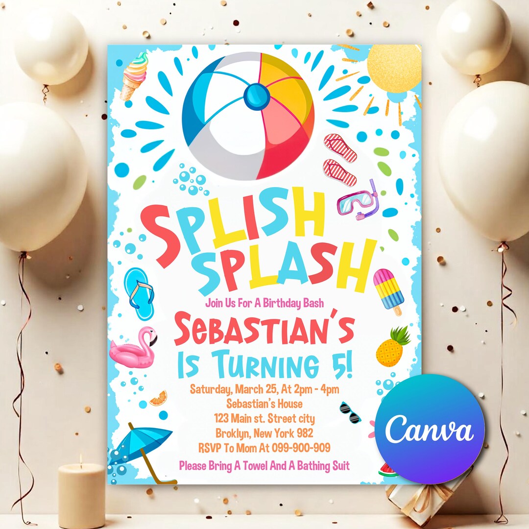 Splish Splash Birthday Party Invitation Girly Splash Pad Water Slide ...