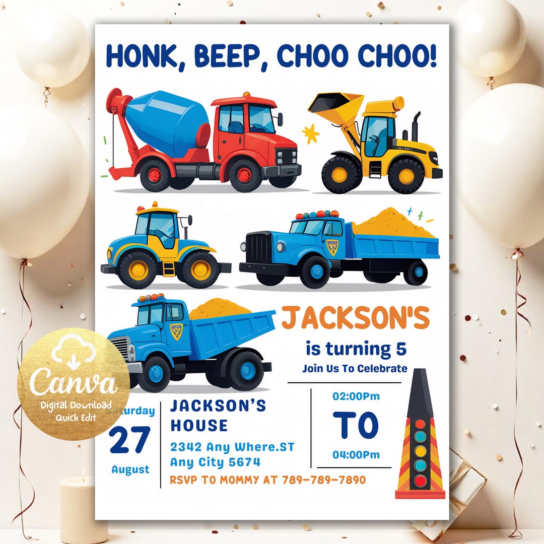 Truck and Cars Birthday Invitation, Honk, Beep, Choo Choo, Train, Cars ...
