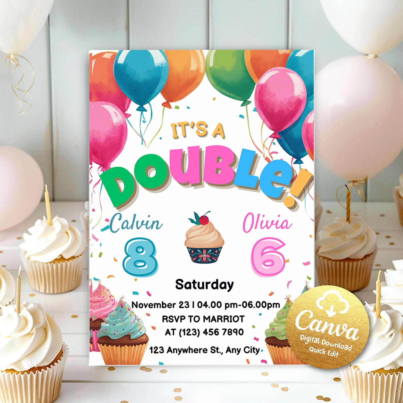 Editable Invitation Double Birthday, Join Birthday Party Invite ...