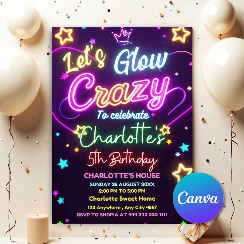 Editable Glow Party Birthday Invitation, Glow Invitation, Glow Crazy ...