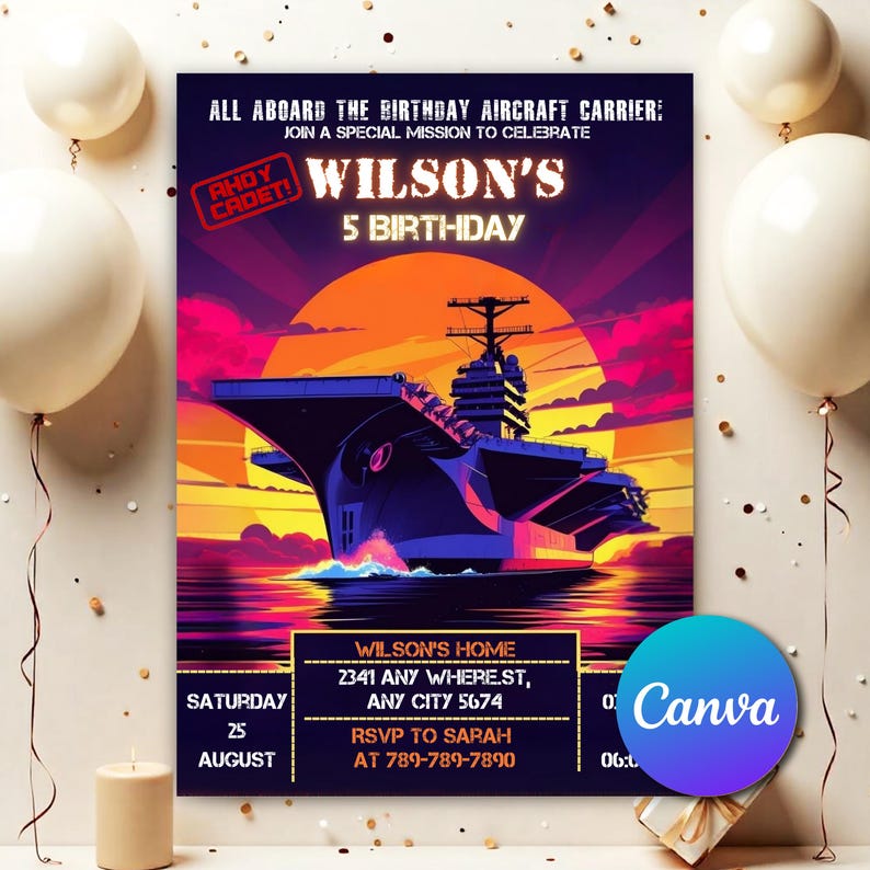Aircraft Carrier Birthday Invitation, Top Pilot Fighter Jet Birthday ...