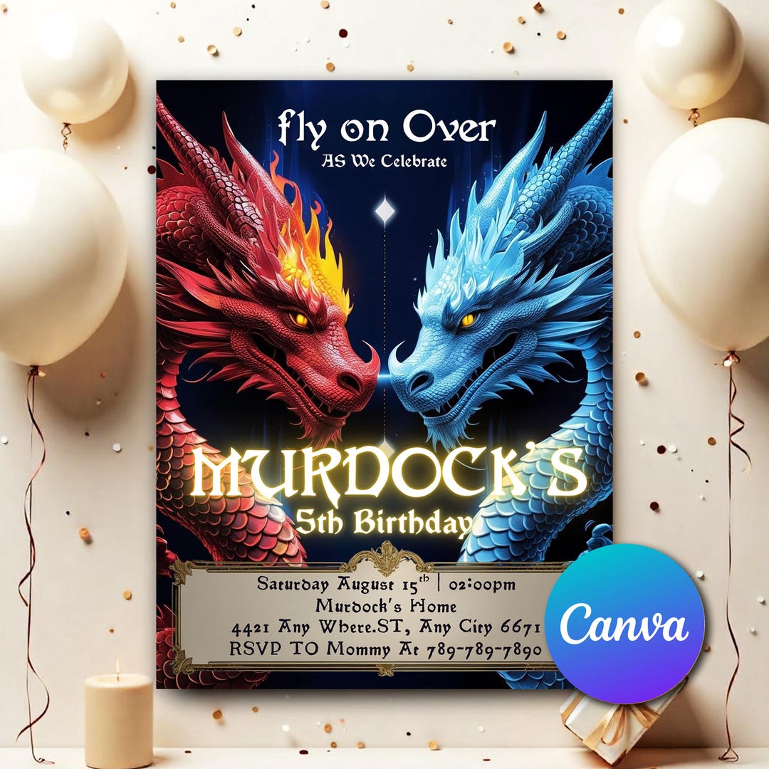 Dragon Birthday Invitation, Dragon Theme Invitation, Red and Blue ...