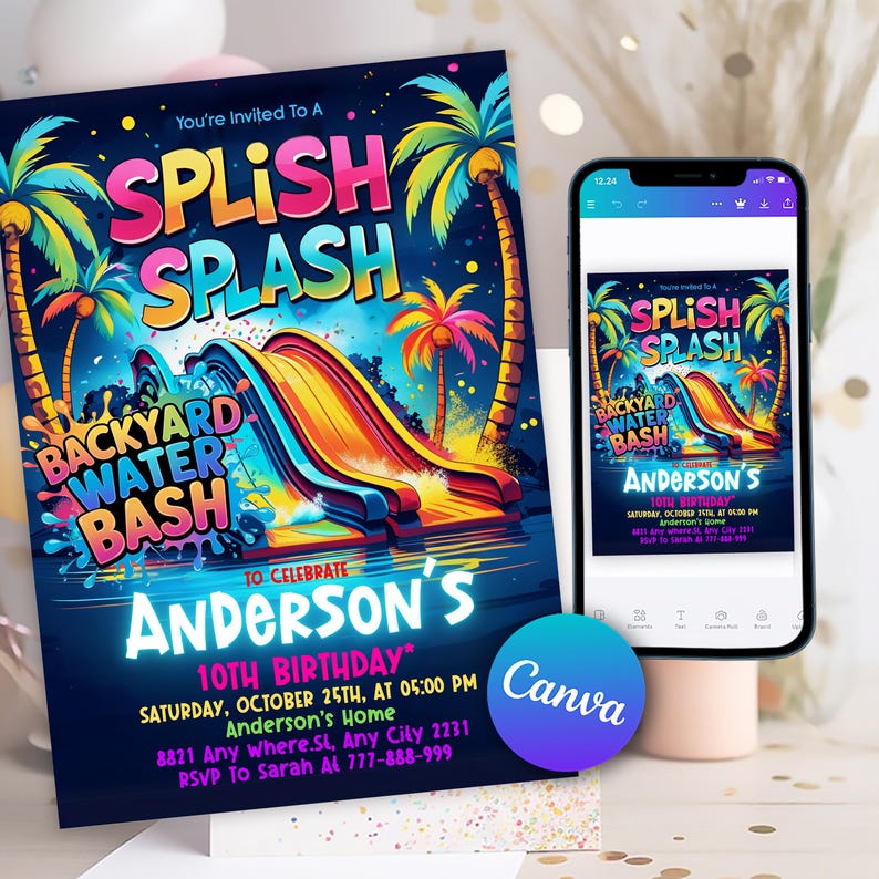 Water Slide Invitation, Water Slide Bash Invite, Boy Girl Splash Party ...