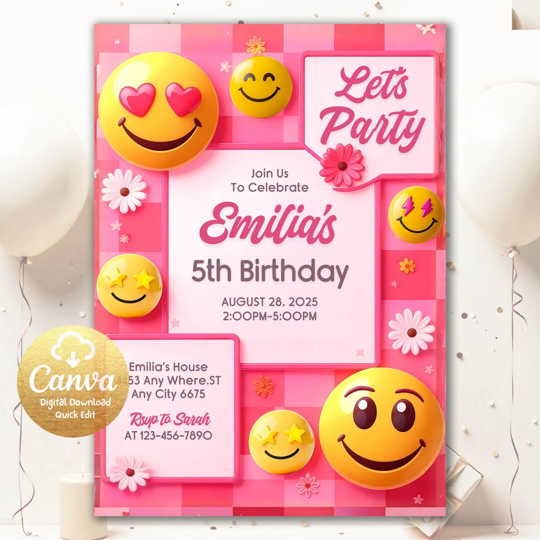 Smiley Face Invite, Pink Retro Checkerboard Theme, Preppy Smile Face ...