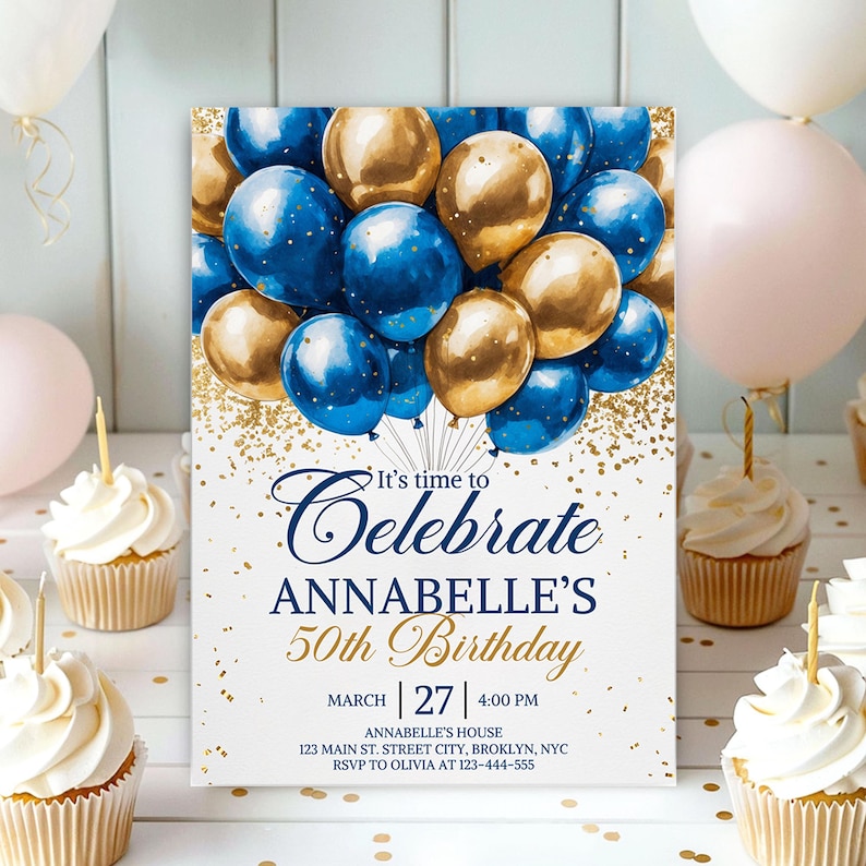 Editable Template Adult Men's Blue Silver Gold Decor Birthday Party ...