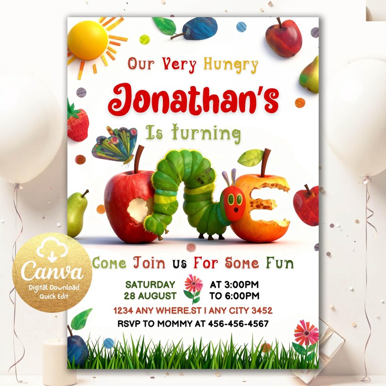 Editable Very Hungry Caterpillar First Birthday Invitation, Fat ...