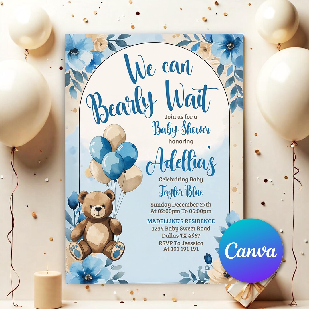 We Can Bearly Wait Baby Shower Invitation Blue Bear Hot Air Balloon ...