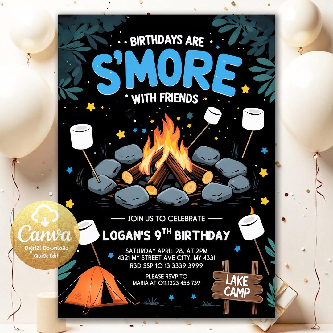Backyard Camping Invite for Kids Campfire Party, Editable Smores Fun ...