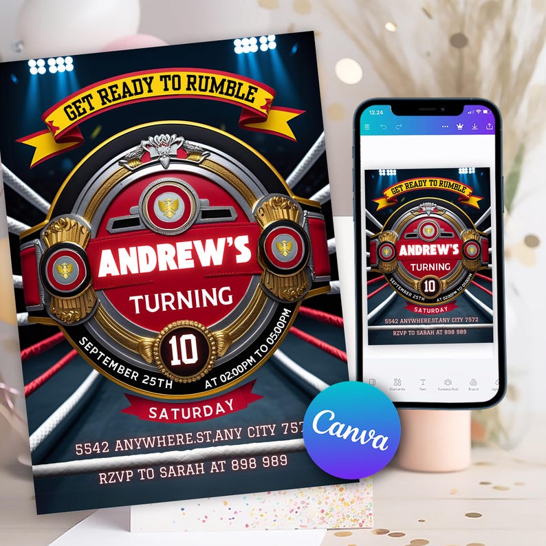 Wrestling Birthday Invitation, Boxing MMA Ticket Invite, Editable ...