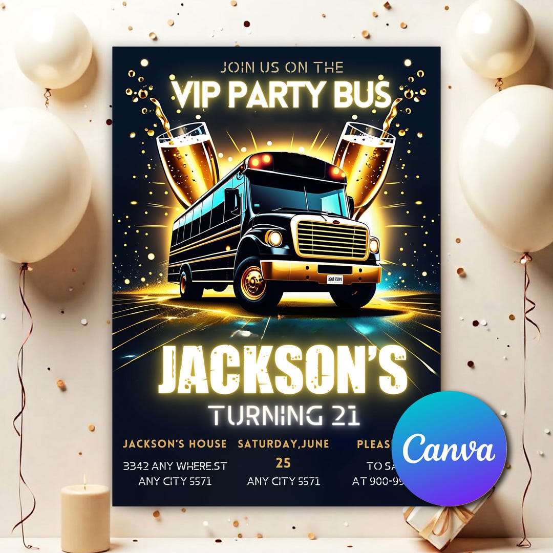 Bus Birthday Party Invitation , Digital Party Bus Invite, Neon Yellow ...