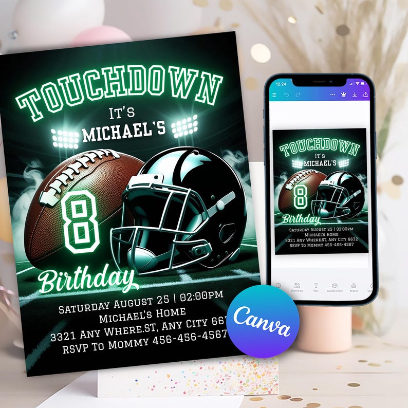 Football Birthday Invitation, Sports Theme Style Party Invitation ...