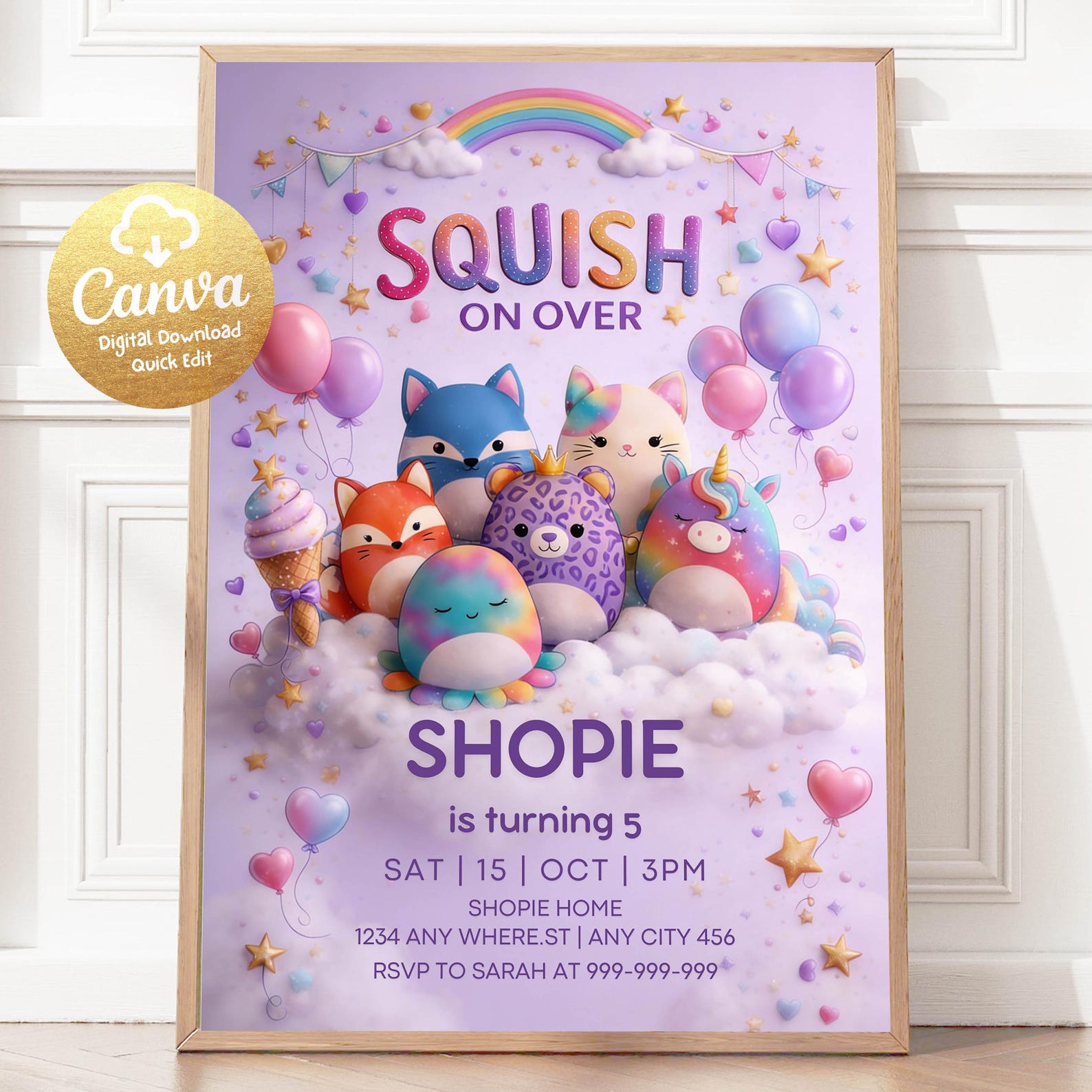 Squishmallow Birthday Invitation, Girl Party Invitation, Rainbow ...
