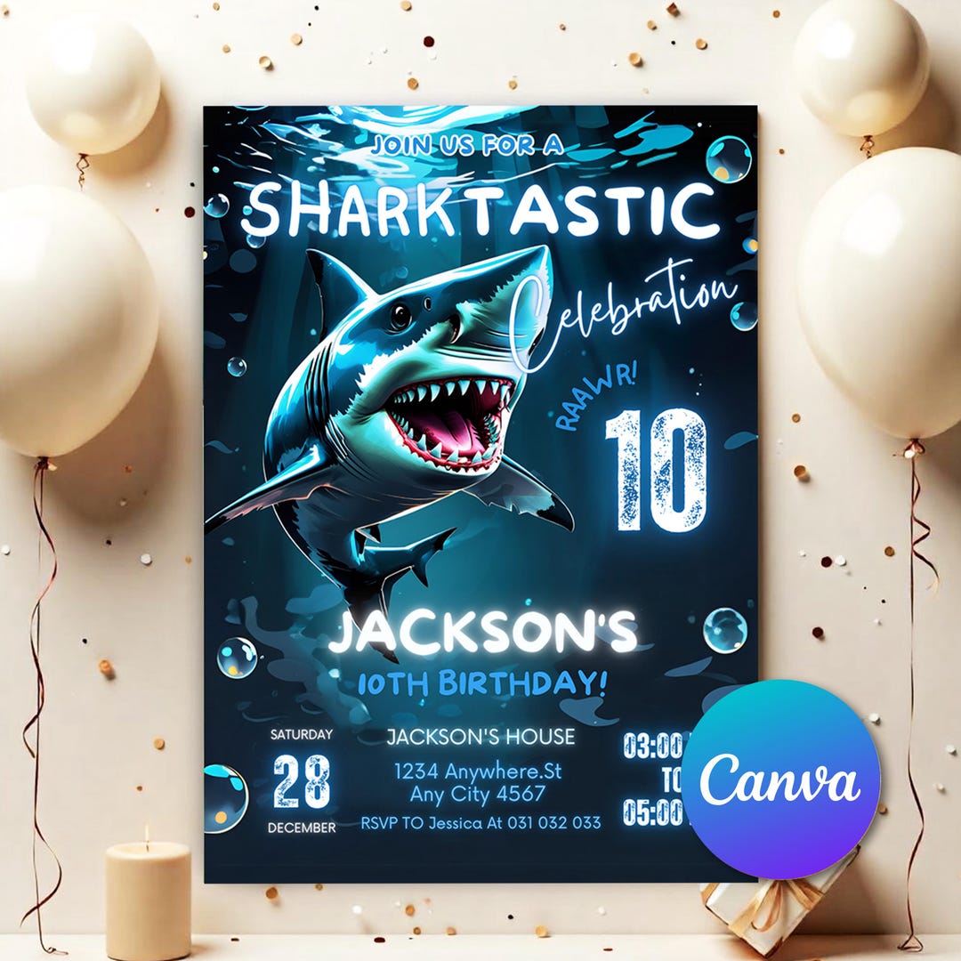 Shark Invitation, Shark Invites, Shark Birthday Invitation, Shark ...