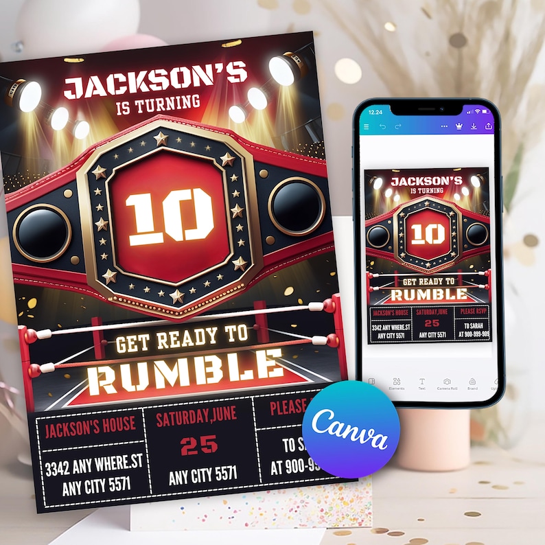 Wrestling Birthday Party Invitation, Printable Boxing MMA Ticket Invite, Editable Championship ...